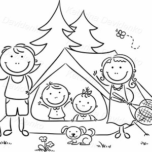Happy Cartoon Family Camping in the Woods. Nature Adventure. Parents ...