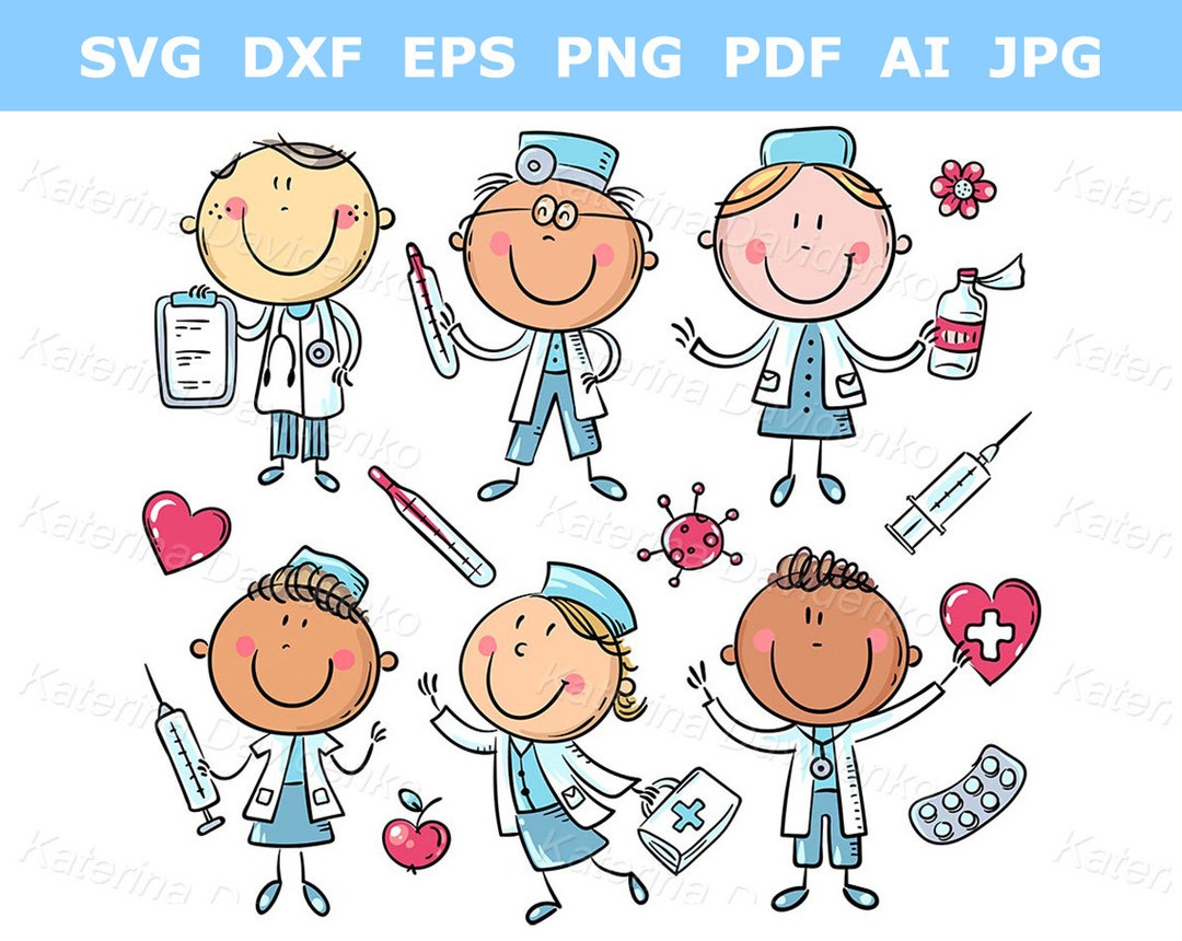 Hand Drawn Children in Doctor Costumes, Funny Cartoon Kids Doctors Set ...