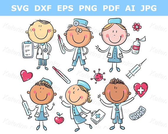 Funny Cartoon Doodle Kids Doctors Set Healthcare Clipart | Etsy