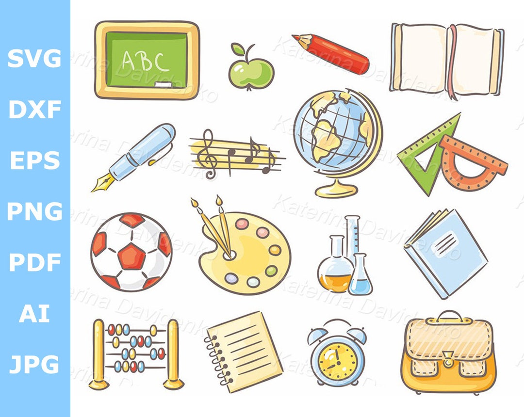 Set di 16 cose scolastiche che rappresentano materie diverse. Clipart ...