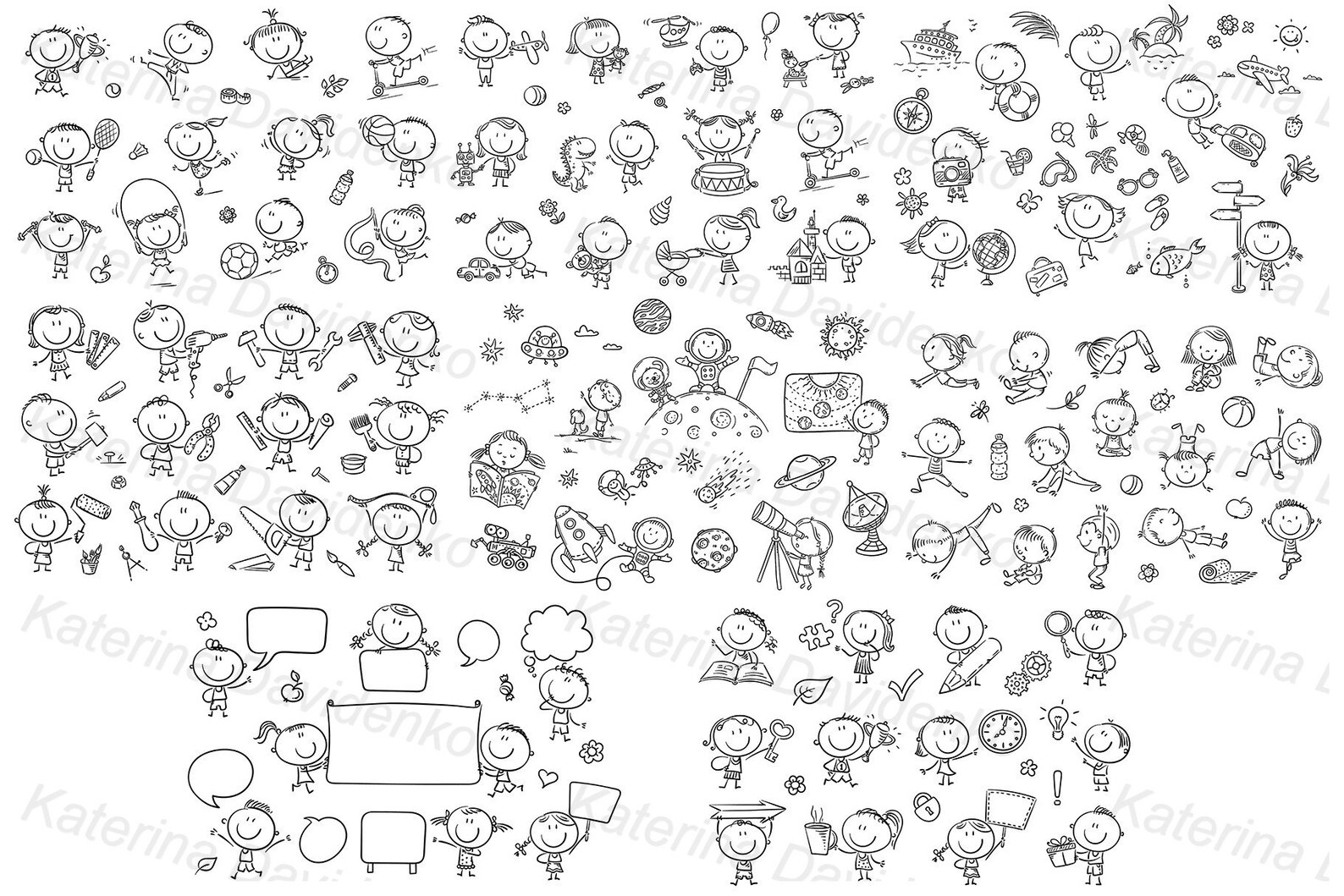 Kids Bundle Clipart. Doodle Cartoon Kids Clip Art Set. Children Vector ...