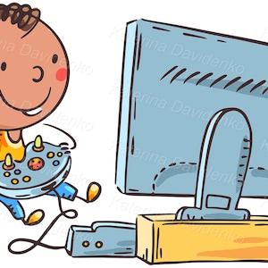 Technology Clipart, Cartoon Kids Using Electronic Devices, Doodle ...