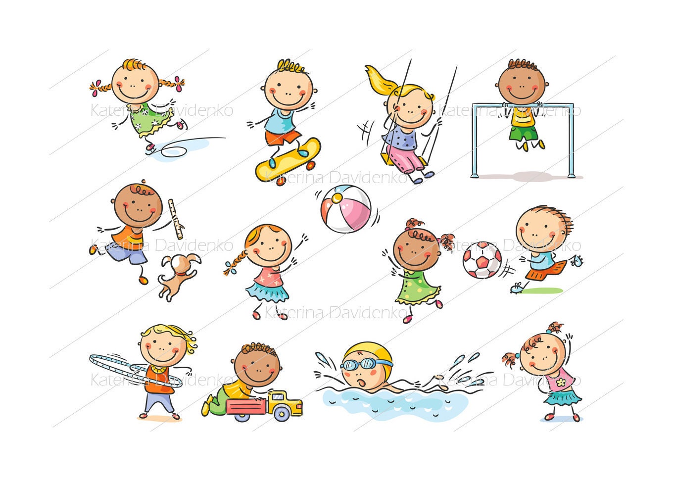 Kids clipart Set of cartoon kids outdoor activities sports | Etsy