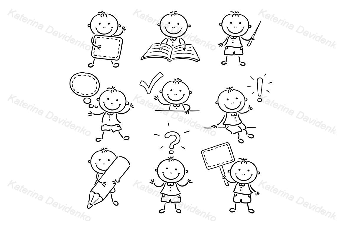 Doodle Cartoon Boy With Different Signs and Objects, School Kid Clipart ...