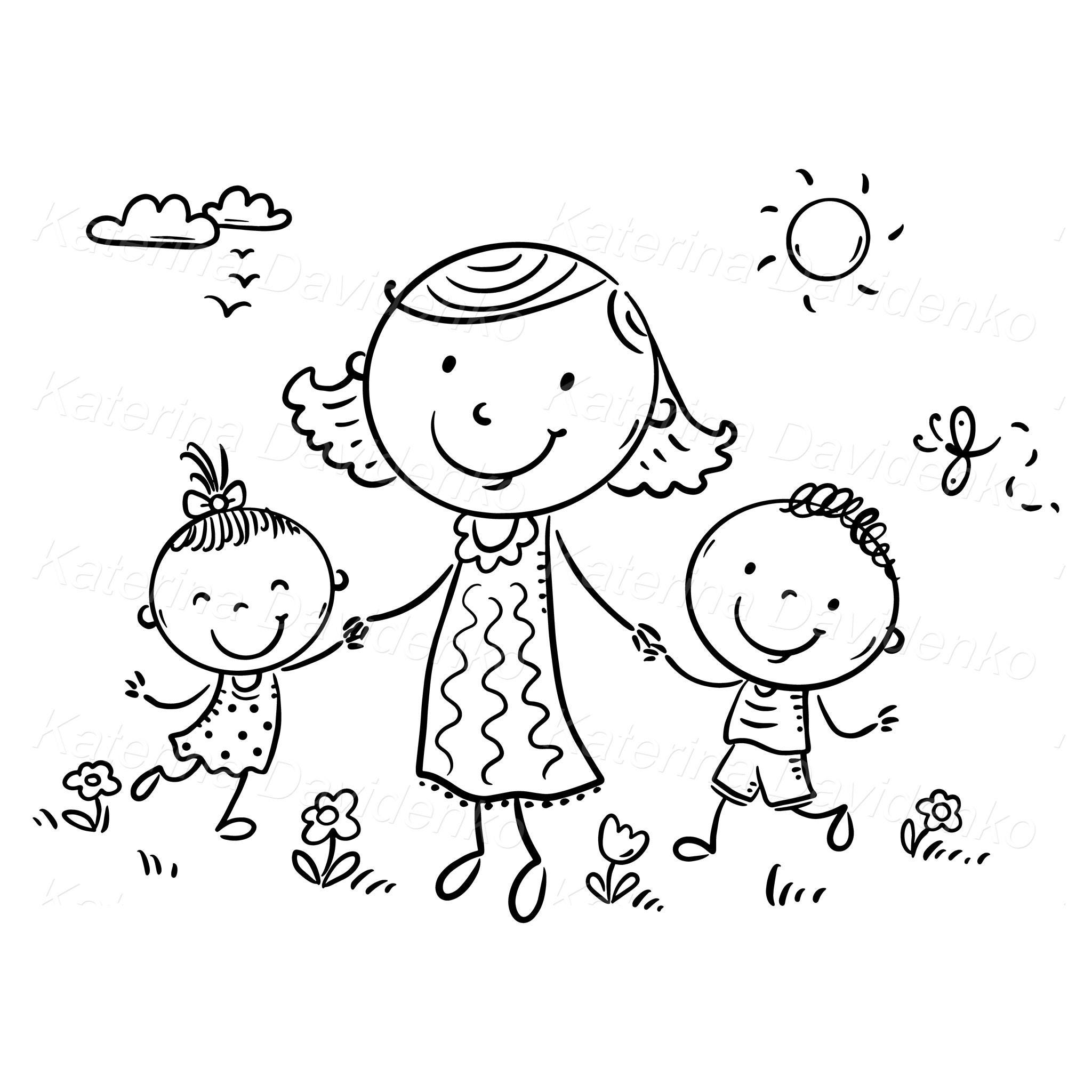 Mother With Children Clipart. Cartoon Mom Playing With Kids, Happy ...
