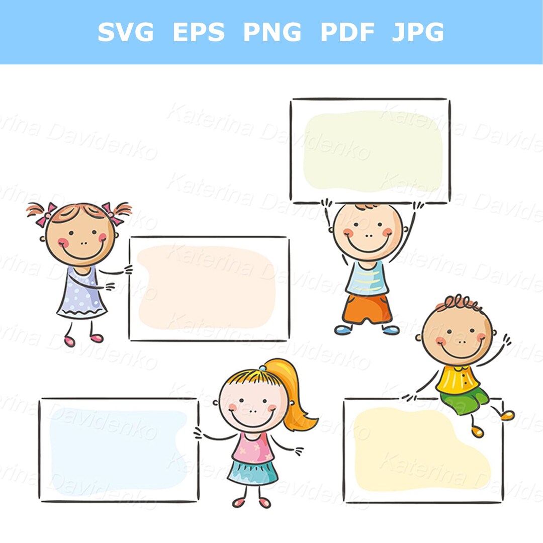 Blank Sign Clipart Set. Doodle Kids With Blank Signs. Happy Cartoon ...