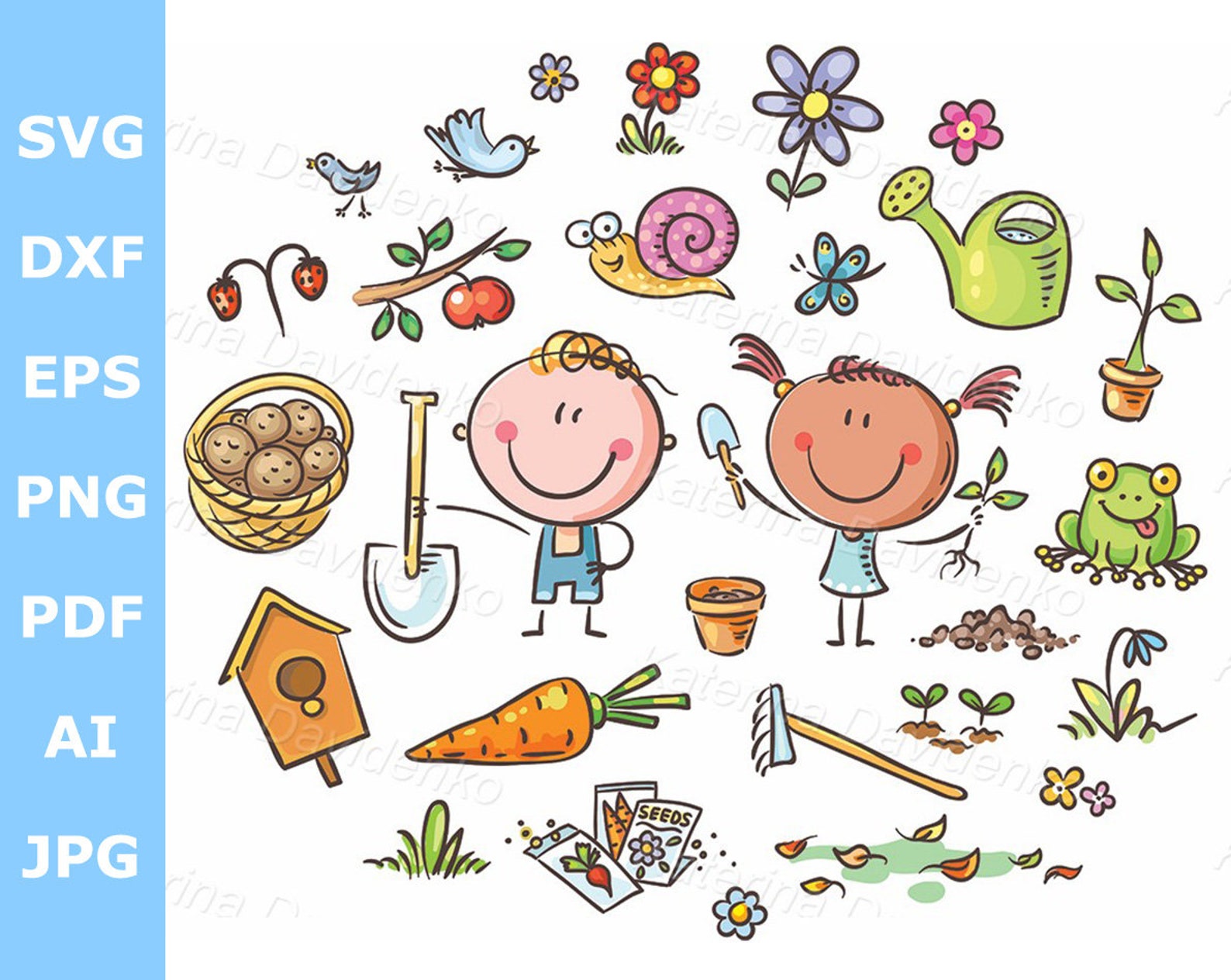 Cartoon Doodle Kids in the Garden Clipart Set Different | Etsy