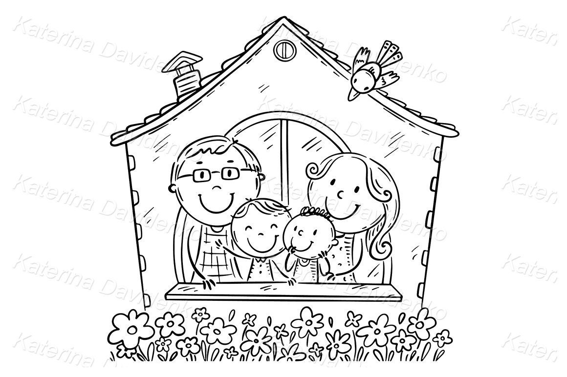 Happy Family Home Clipart, Cute Parents and Kids Cartoon Illustration ...