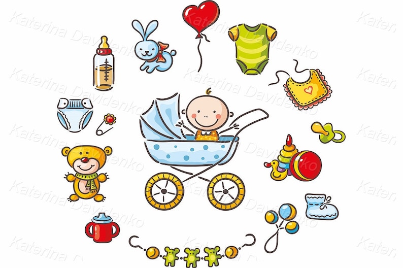 Cartoon Baby Clipart Set. Baby in a Baby-carriage With a Lot of Baby ...