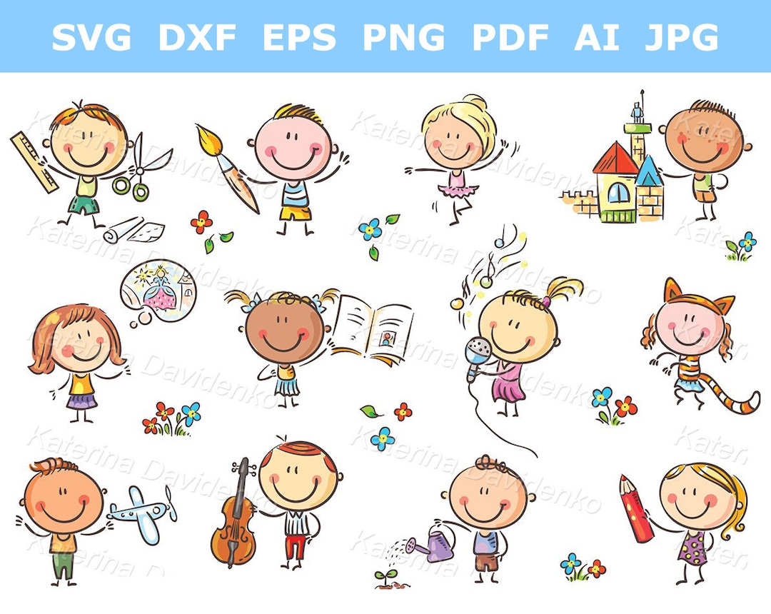 Doodle Kids Creative Activities Clipart Set. School Children Bundle ...