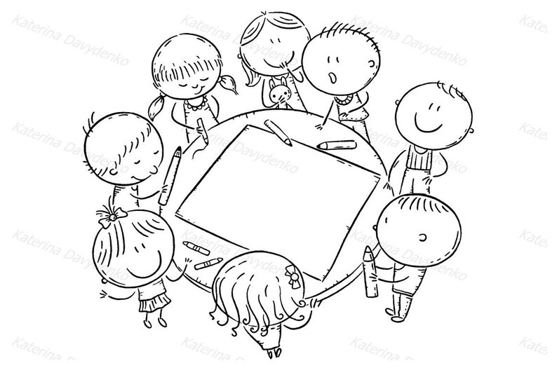 Cartoon Children Drawing Together Crafting Kids Clipart - Etsy