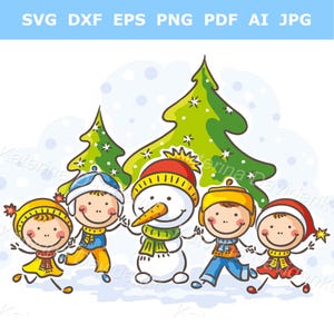 Hand Drawn Cartoon Kids With Snowman Clipart, Christmas Children PNG ...