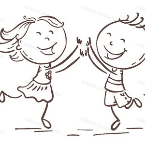 Cartoon Happy Doodle Kids Clipart Boy and Girl Jumping With Joy ...