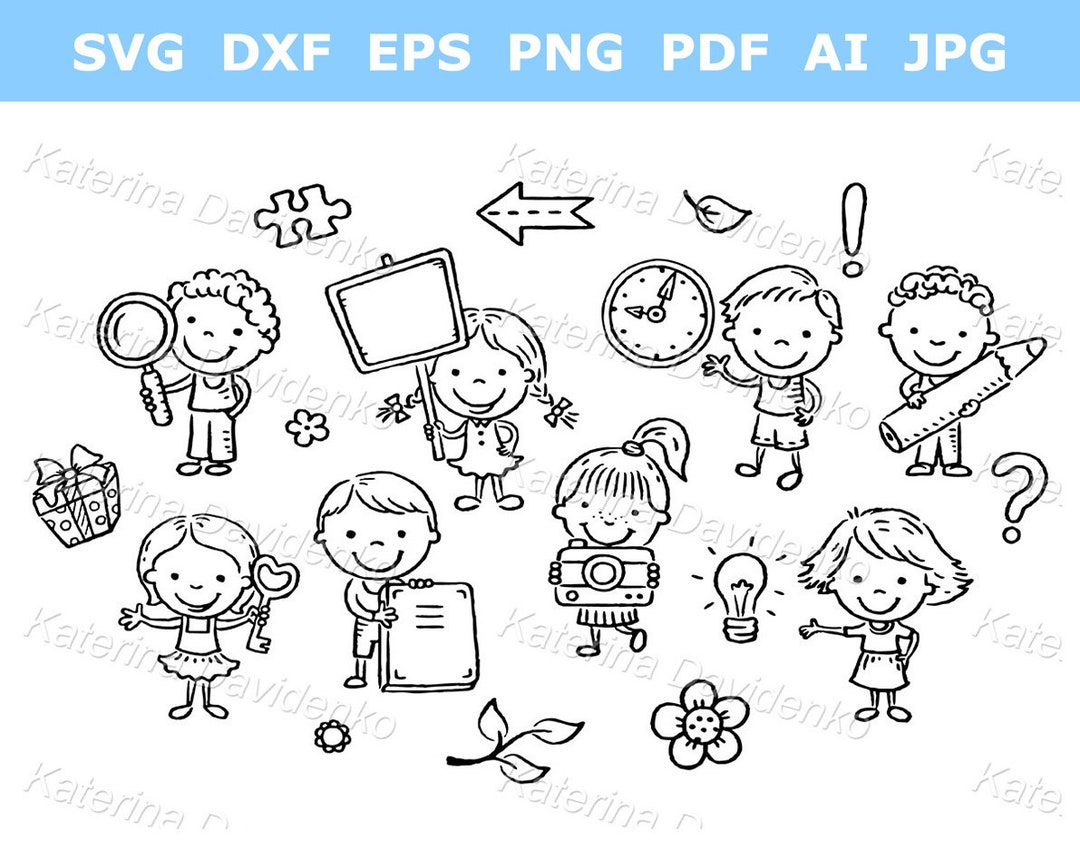 Doodle Kids Clipart. Set of Cartoon Kids Holding Different Objects Like ...