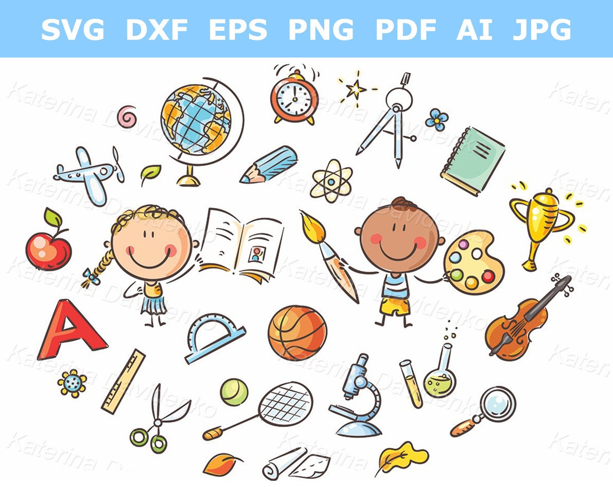 Clipart Set of School Supplies. Cartoon Kids With Different Objects ...