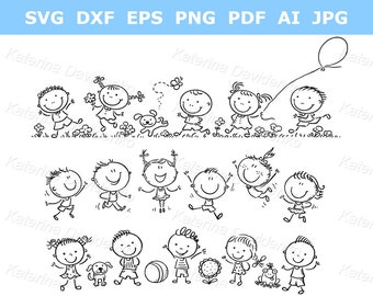 Black and White Kids Clipart. Cute Cartoon Children Outline Set ...
