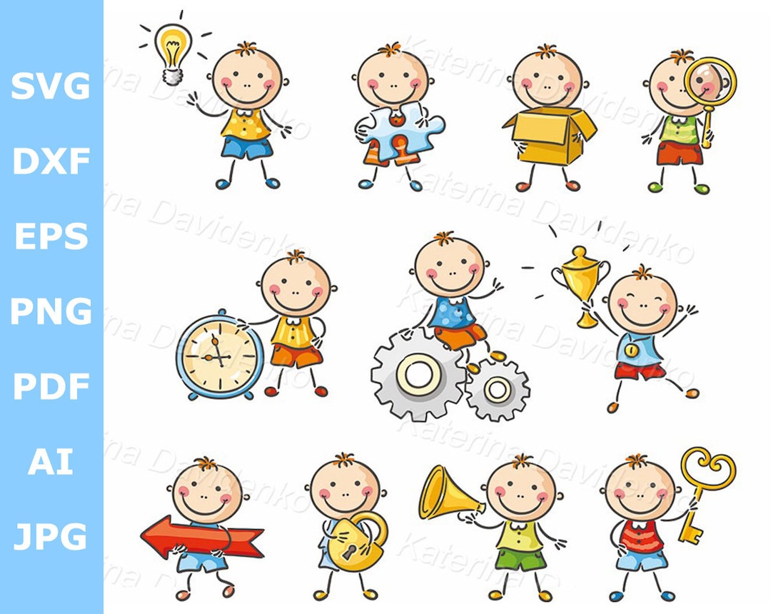 Cartoon Doodle Boys With Different Objects. Cute Little Kids Clipart ...