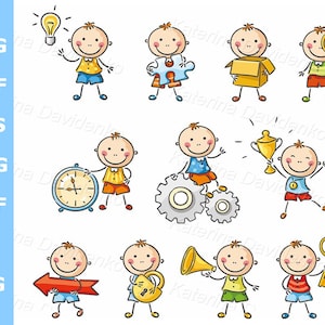 Cartoon Doodle Boys With Different Objects. Cute Little Kids Clipart ...