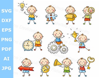 Cartoon Boy With Different Signs and Objects Clipart Kids | Etsy