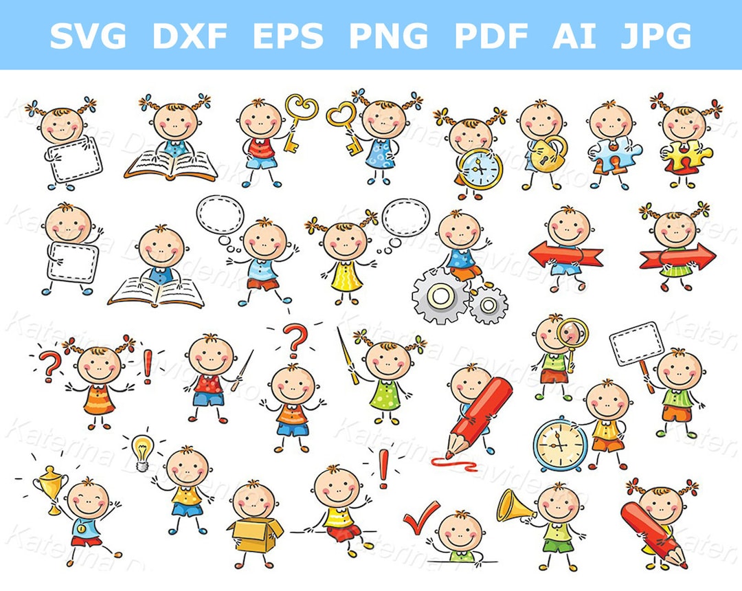 Doodle Cartoon Kids Holding Different Objects Clipart Set. Children ...