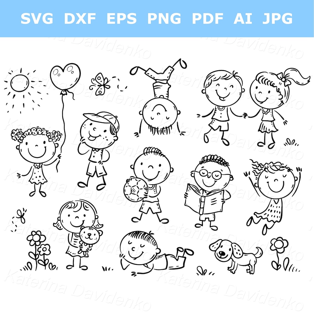 Line Drawing Happy Kids Clipart Set. Hand Drawn Stick Figure Children ...