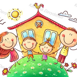 Doodle Cartoon Family Clipart. Happy Parents With Two Kids Near Their ...
