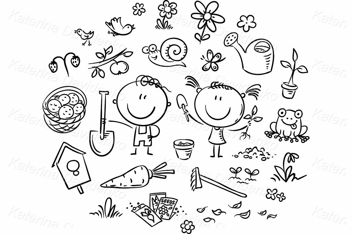 Cartoon Doodle Kids in the Garden Clipart Set Different | Etsy