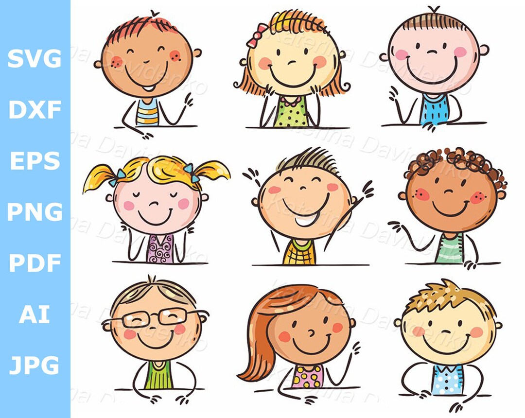 Doodle Kids Clipart Set. Happy School Children, Cartoon Characters ...