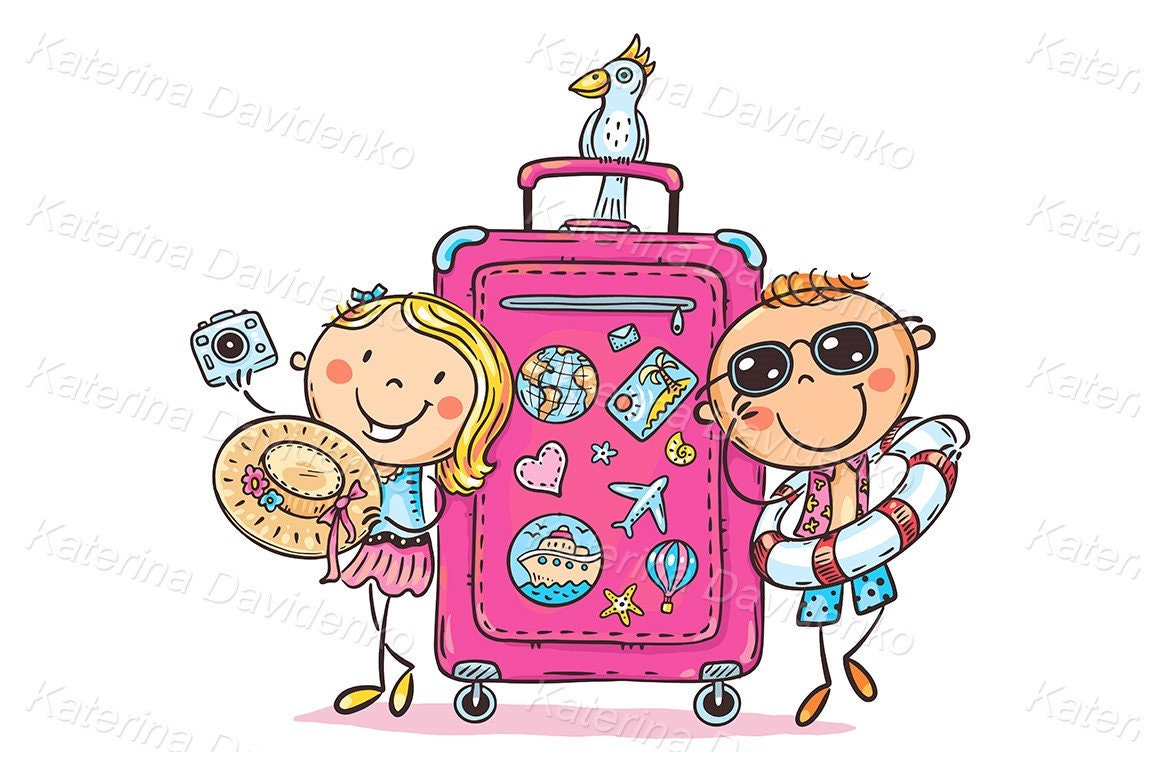 Kids Travel Vector Clipart. Cute Cartoon Children With Suitcase and ...