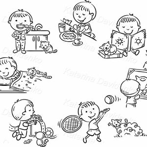 Cartoon Kid Daily Activities Clipart. Cute Little Boy Daily Routine ...
