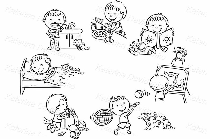 Cartoon Kid Daily Activities Clipart. Cute Little Boy Daily Routine ...