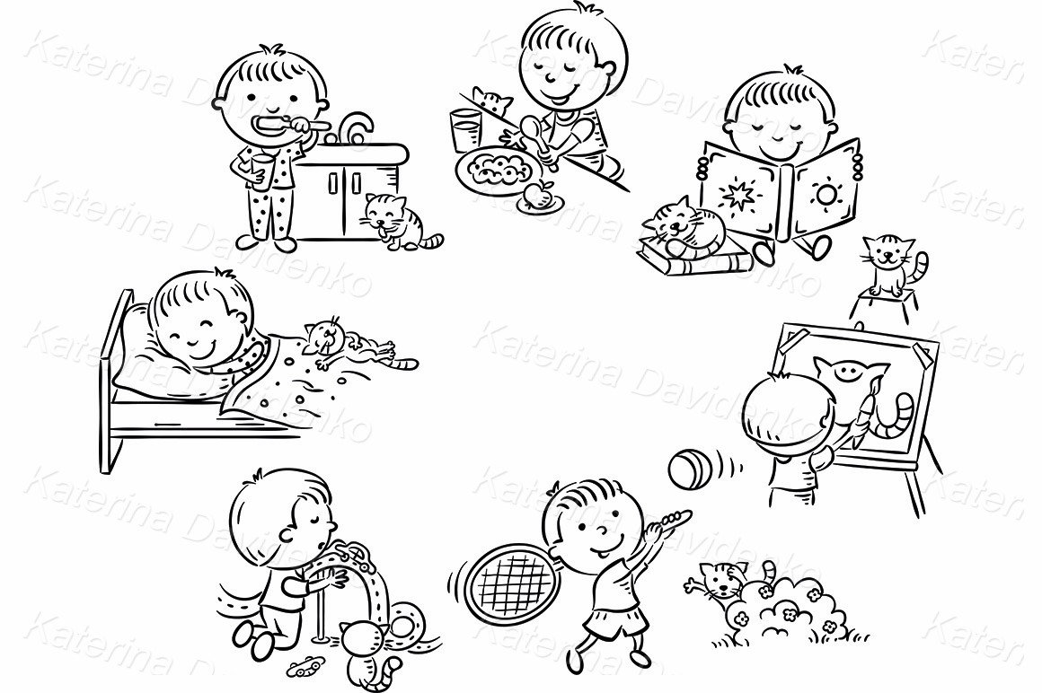 Kids Daily Activities Clipart Set. Cute Little Boy Daily Routine Clip ...