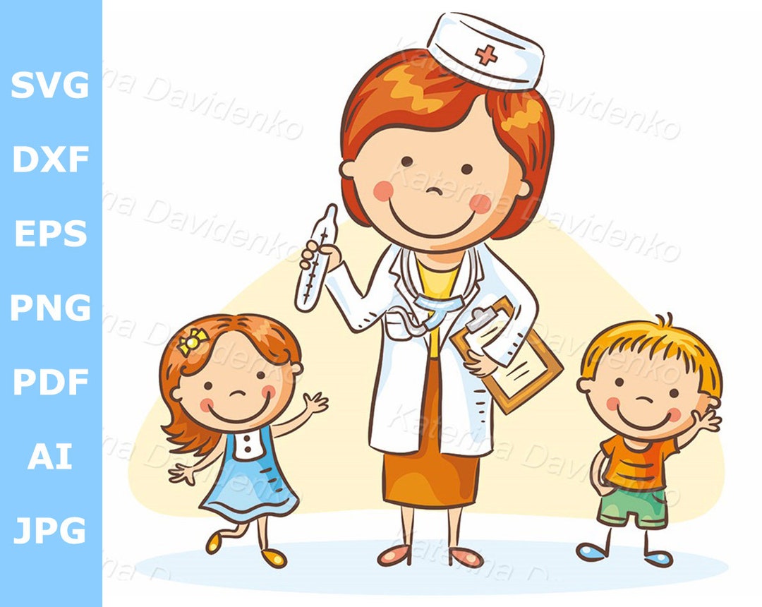 Cartoon Happy Doctor With Kids. Healthcare Clipart. Cute Doctor With ...