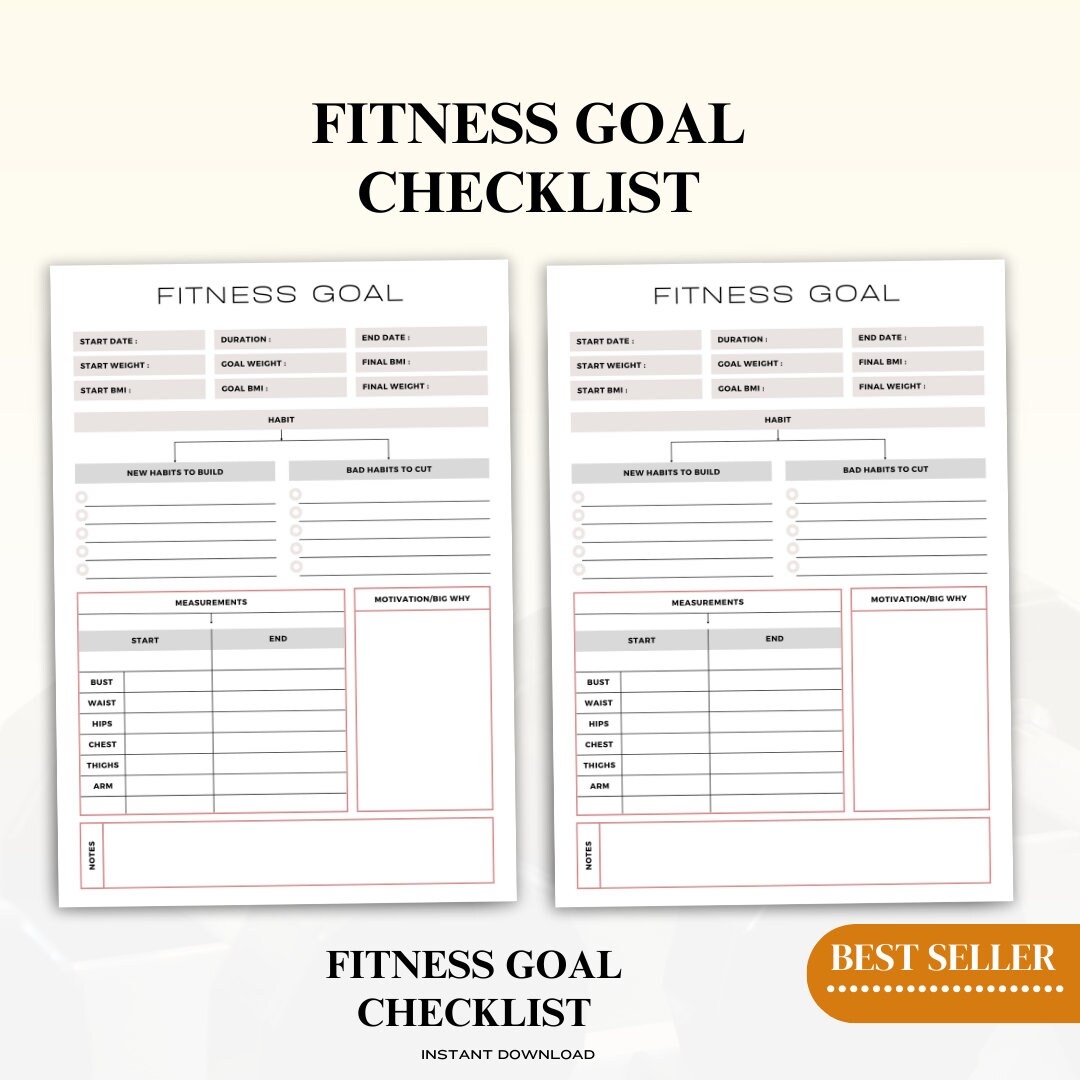 Fitness Goal Checklist Planner, Digital Tracker Template, Printable ...