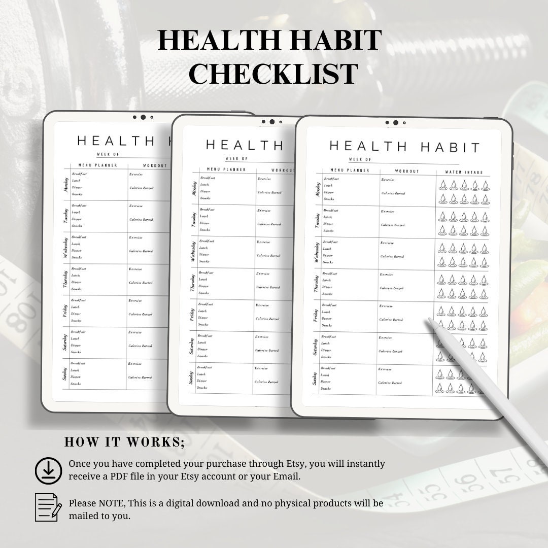 Digital Health Habit Checklist, Printable Tracker, Wellness Planner ...