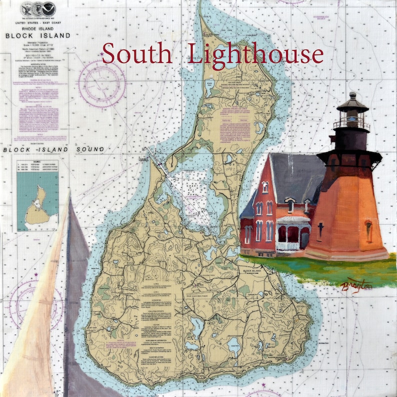 Block Island Chart Digital Print, Hand-painted South Lighthouse Art ...