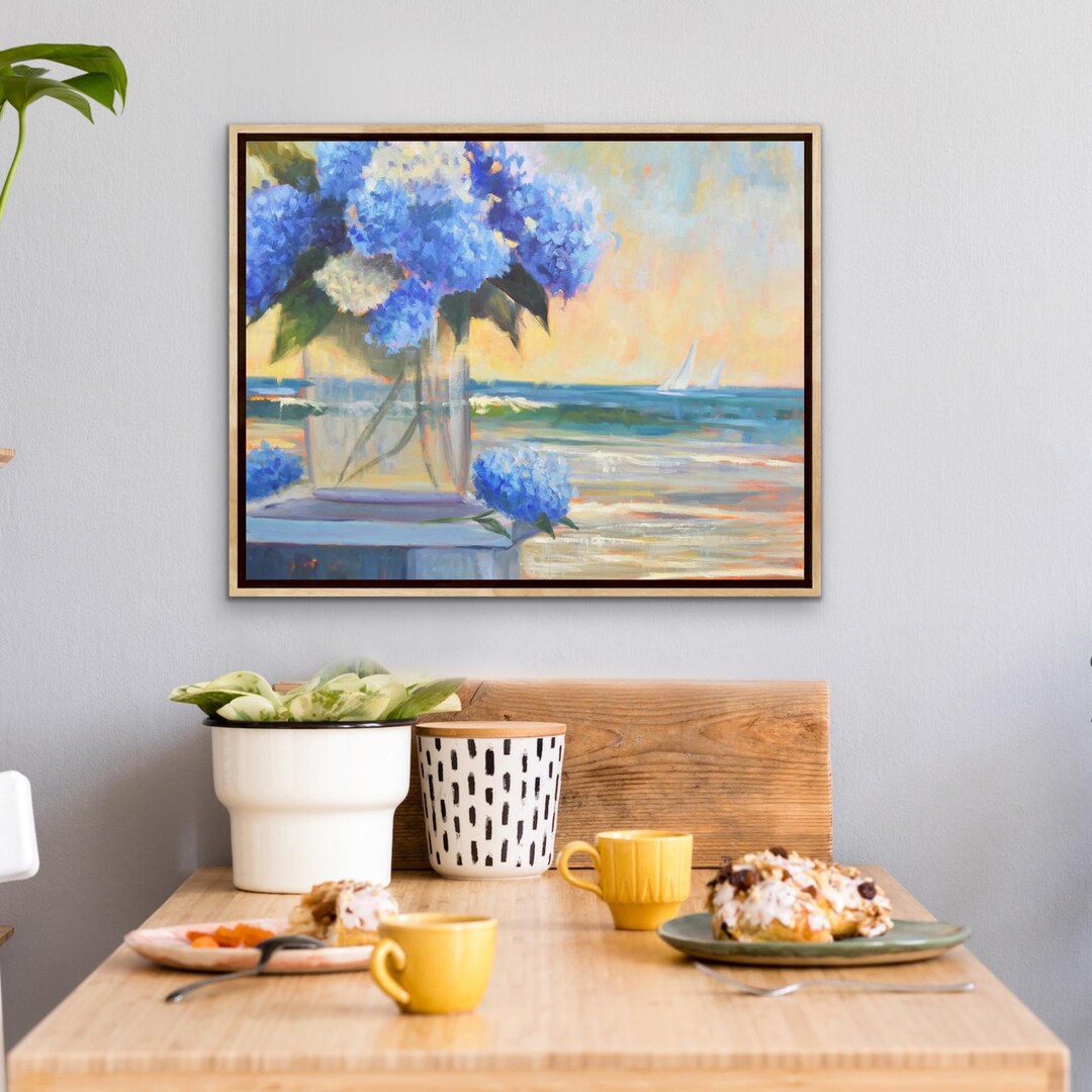 Blue Hydrangea Coastal Canvas Print Ocean Sunset Floral Wall Art Beach ...