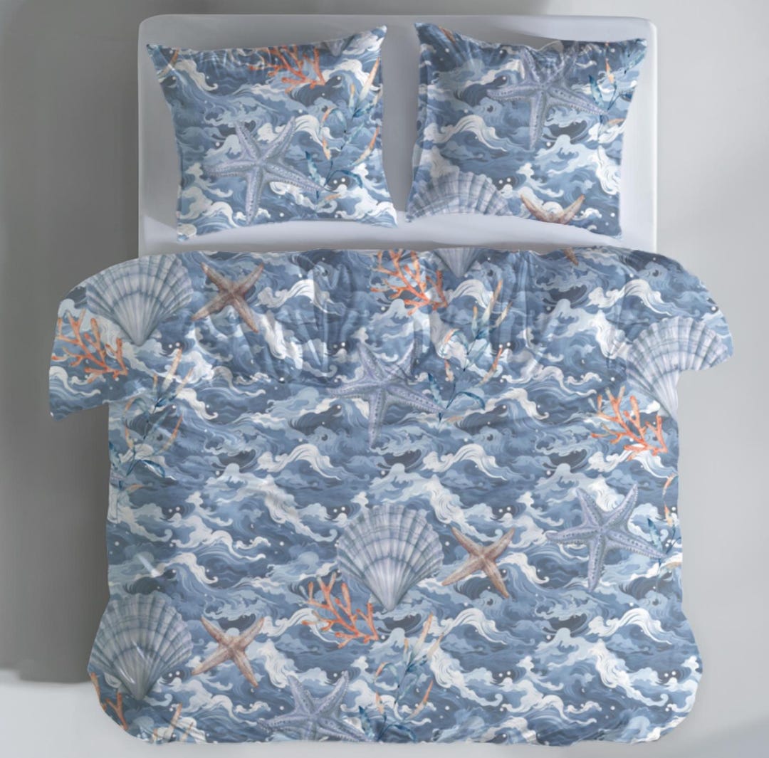 Seashell Wave Pattern Duvet Cover Nautical Ocean Shell Bedding Blue ...