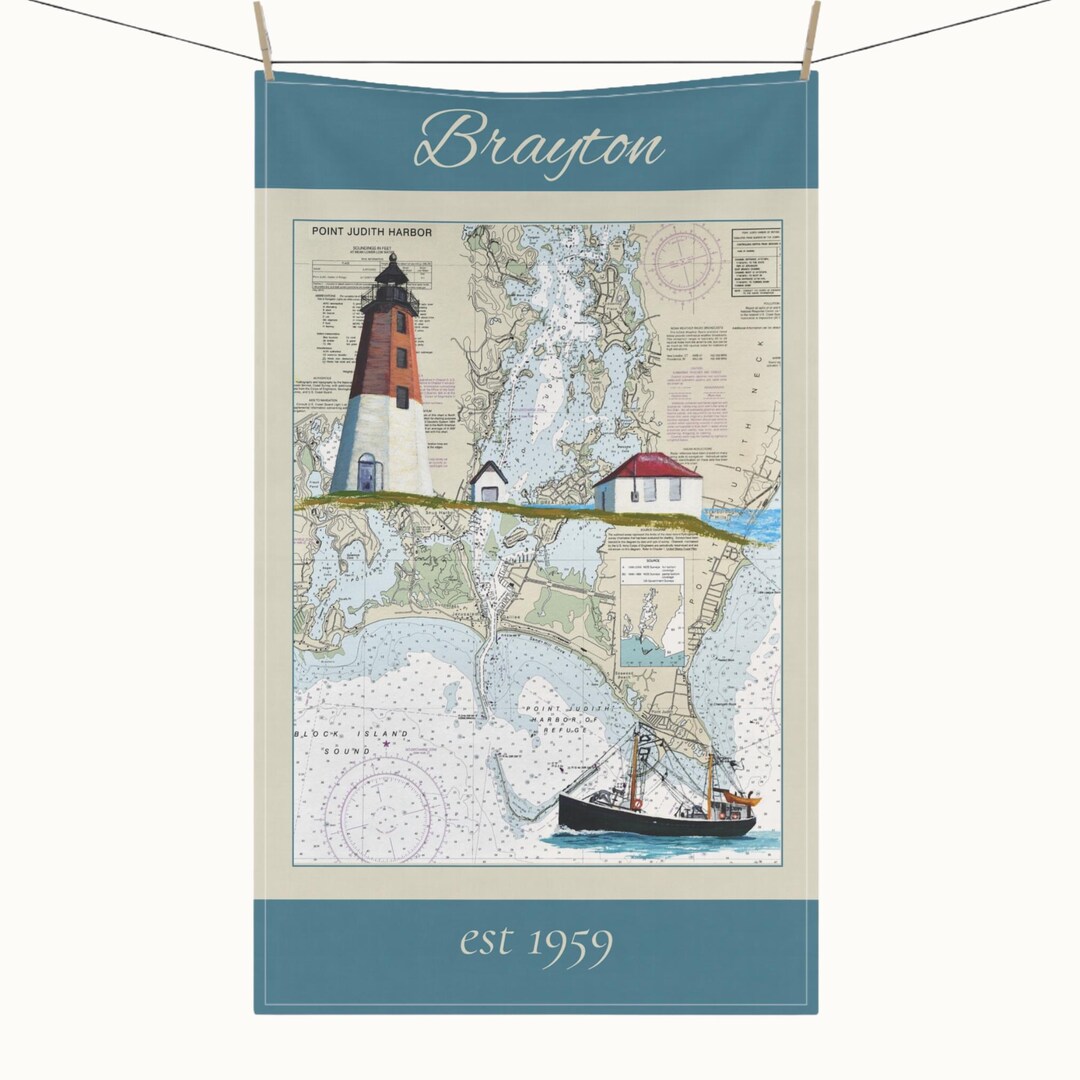 Point Judith Rhode Island Nautical Map Tea Towel Coastal Lighthouse ...
