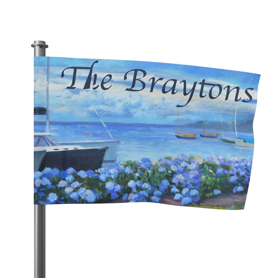 Personalized Family Name Flag Blue Hydrangea Coastal Decor Housewarming ...
