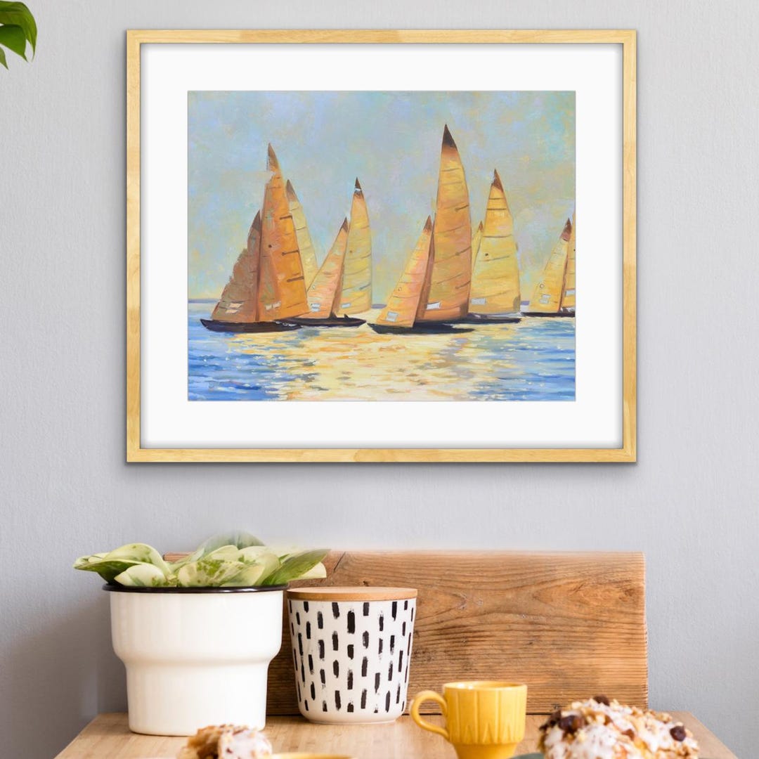 Yellow Sails Nautical Poster Sails Aglow Ocean Art Print Sailboat ...
