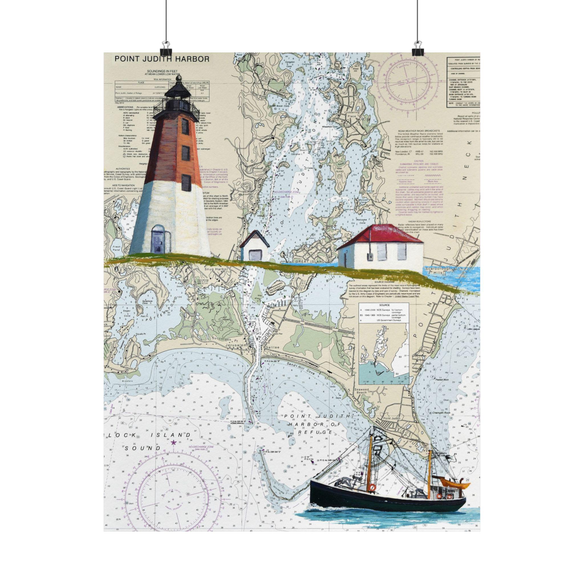 Vintage Fishing Vessel Chart Poster, Point Judith RI Maritime Map ...