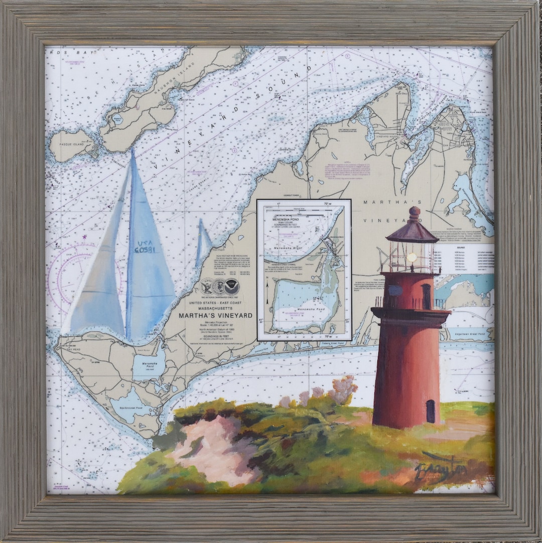 Martha's Vineyard Chart, Original Hand Painted, Lighthouse, Sailboat ...