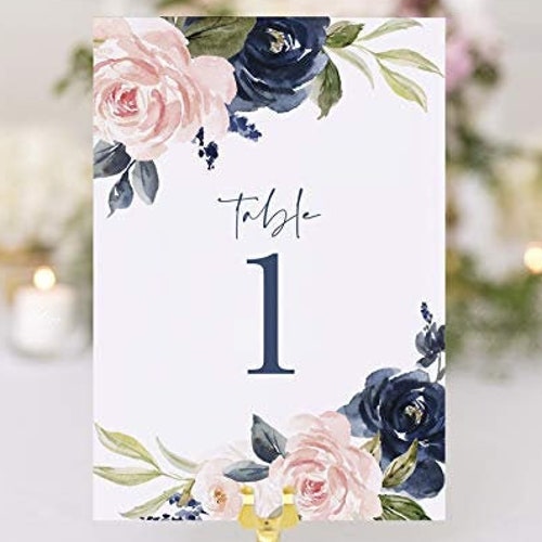 Printable Navy and Pink Floral Wedding Table Numbers Table | Etsy