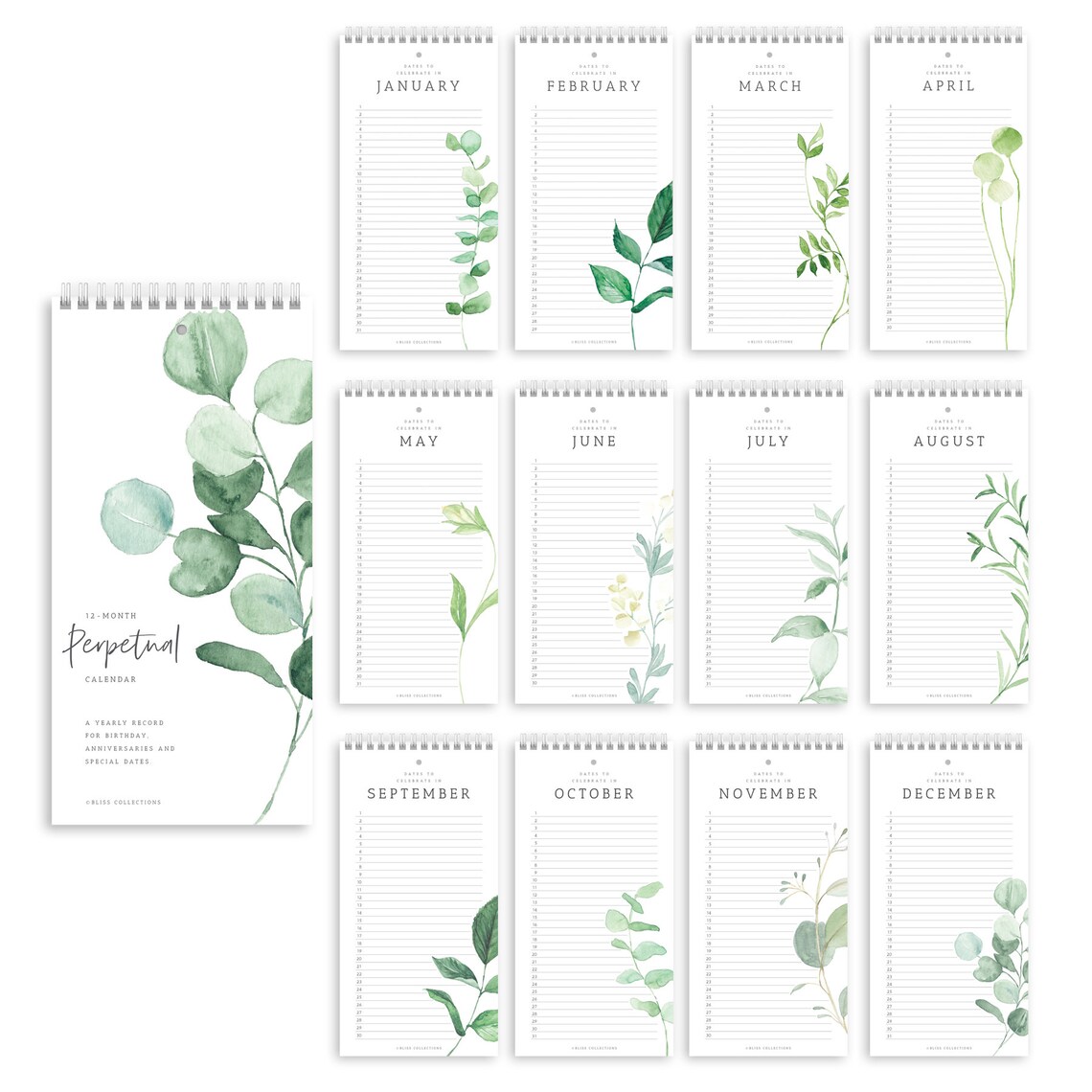 PRINTED Greenery Perpetual Calendar 12-month Yearly Pad for | Etsy