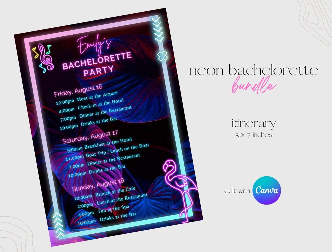 Neon Bachelorette Party Invitation and Itinerary Neon Colors ...