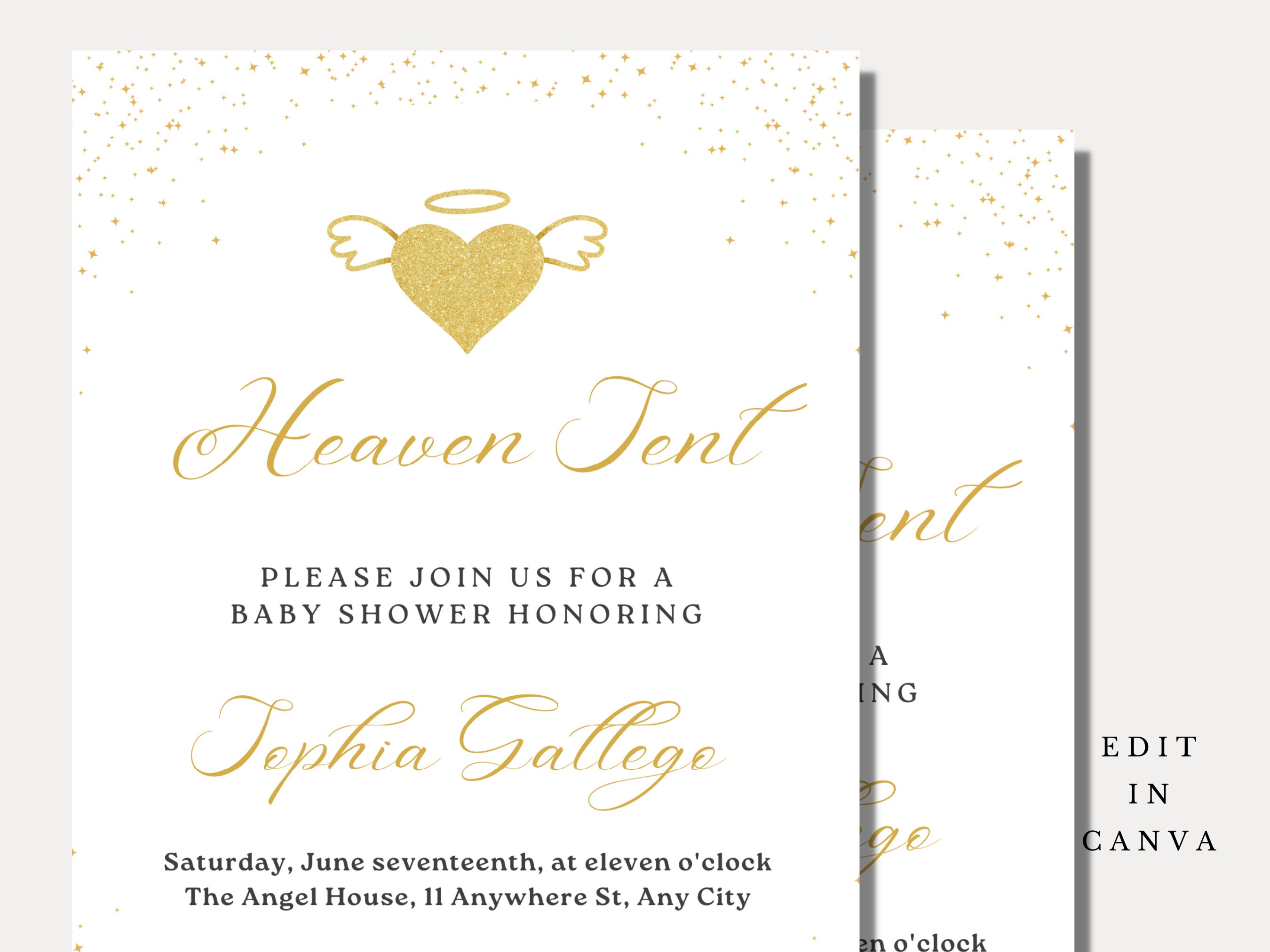 Heaven Sent Baby Shower Invitation Template Gold, Gender Neutral Shower ...