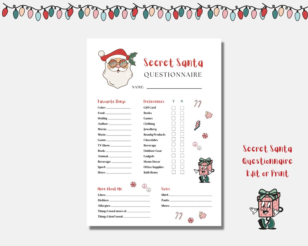 Secret Santa Questionnaire for Coworkers and Teachers, Secret Santa ...