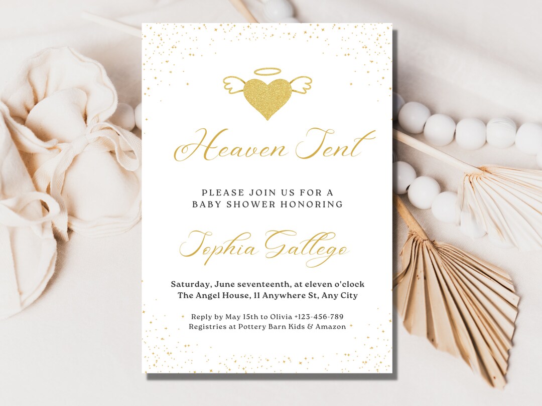 Heaven Sent Baby Shower Invitation Template Gold, Gender Neutral Shower ...