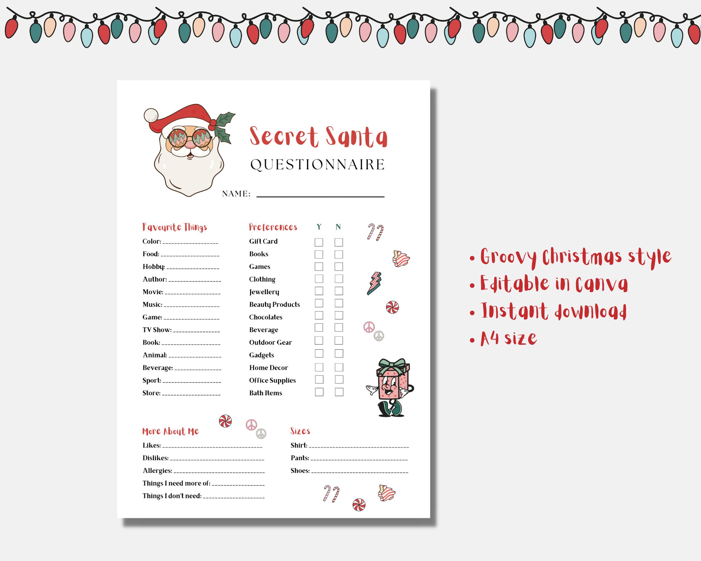 Secret Santa Questionnaire Printable, Secret Santa Questionnaire for ...